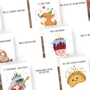 T MARIE 24 Funny Birthday Cards Bulk - Birthday Cards for Kids, Students, Friends and More - Assortment of Punny Pun Greeting Cards with Envelopes and Birthday Message Inside