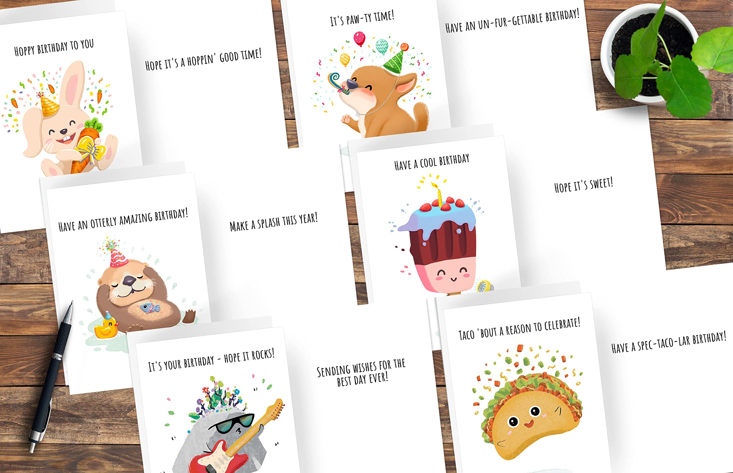 T MARIE 24 Funny Birthday Cards Bulk - Birthday Cards for Kids, Students, Friends and More - Assortment of Punny Pun Greeting Cards with Envelopes and Birthday Message Inside