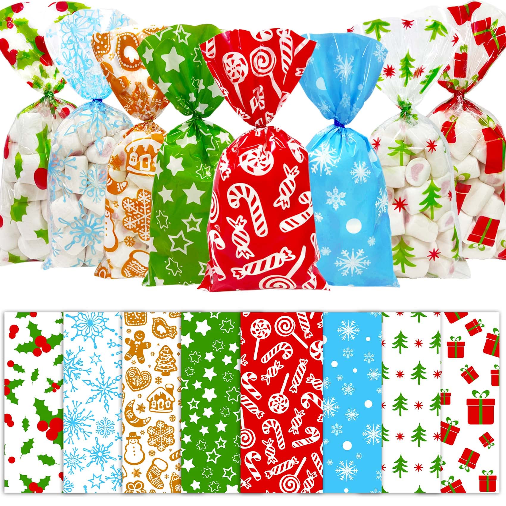 MISS FANTASY 160 Pack Christmas Cellophane Goody Bags with Twist Ties for Holiday Favors Treats Kids Xmas Treat 10.8'' x 4.9'' Small Bulk Plastic Treats Bag Christmas Cellophane Treat Bags