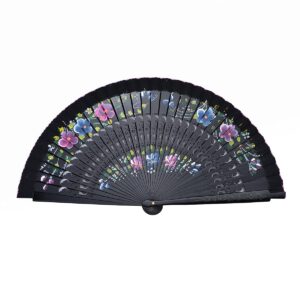 lanermoon vintage spanish folding fan for women,doubled-side flower painting gypsy wooden hand fan for dance,festival decoration and gift (black)