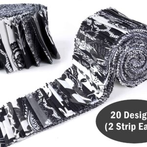 Soimoi 40Pcs Floral Artistic Print Cotton Precut Fabrics for Quilting Craft Strips 2.5x42inches Jelly Roll - Black