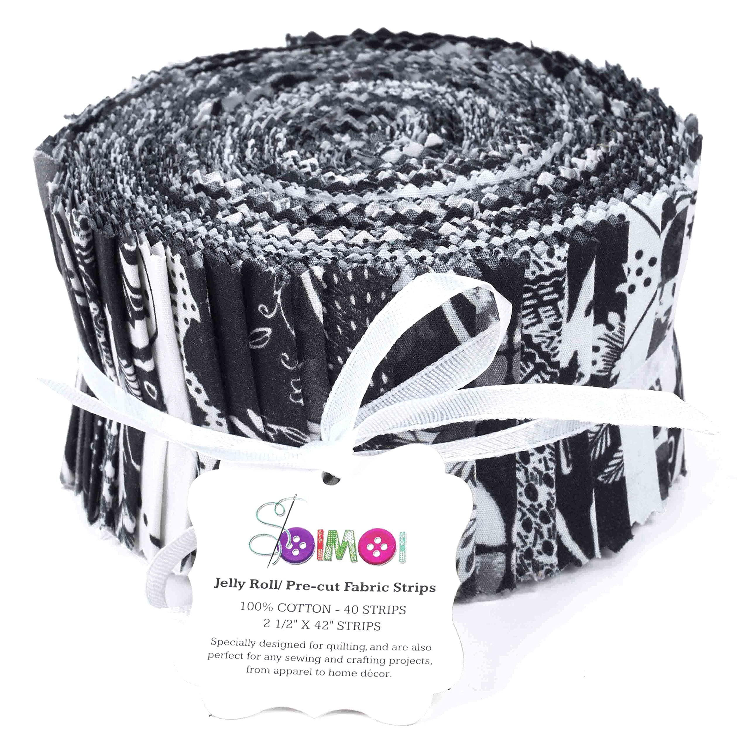 Soimoi 40Pcs Floral Artistic Print Cotton Precut Fabrics for Quilting Craft Strips 2.5x42inches Jelly Roll - Black