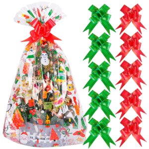 20pcs christmas basket bags 24x36 inch snowman santa cellophane bags with pull bow set 10 christmas packaging bags 10 ribbon bows