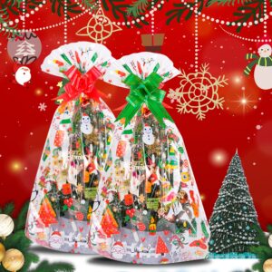 20pcs Christmas Basket Bags 24x36 inch Snowman Santa Cellophane Bags with Pull Bow Set 10 Christmas Packaging Bags 10 Ribbon Bows