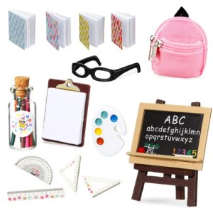 14 pieces mini doll school supplies for 11.5 inch doll, includes mini doll backpack glasses blackboard miniature books paper clipboard pencil doll rulers doll accessories(chic style)