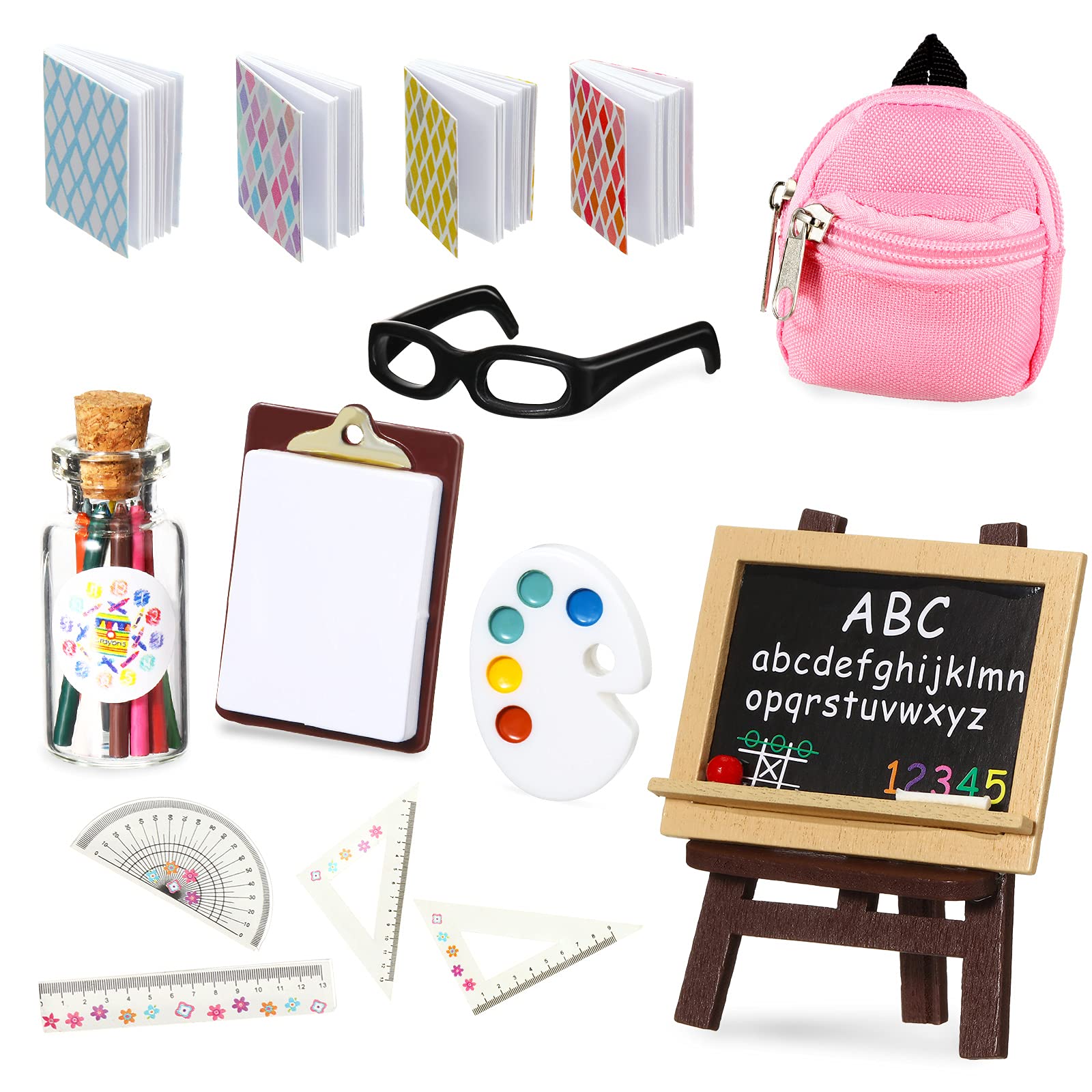 14 Pieces Mini Doll School Supplies for 11.5 inch Doll, Includes Mini Doll Backpack Glasses Blackboard Miniature Books Paper Clipboard Pencil Doll Rulers Doll Accessories(Chic Style)