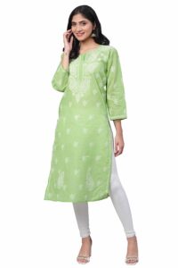 ada indian hand embroidered chikankari straight cotton kurta kurti tunic for women a231437 (green, medium)