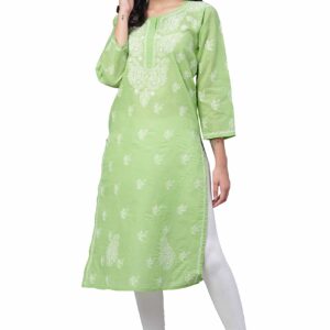 Ada Indian Hand Embroidered Chikankari Straight Cotton Kurta Kurti Tunic for Women A231437 (Green, Medium)