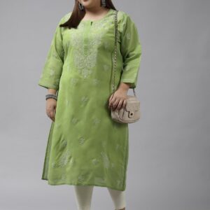 Ada Indian Hand Embroidered Chikankari Straight Cotton Kurta Kurti Tunic for Women A231437 (Green, Medium)