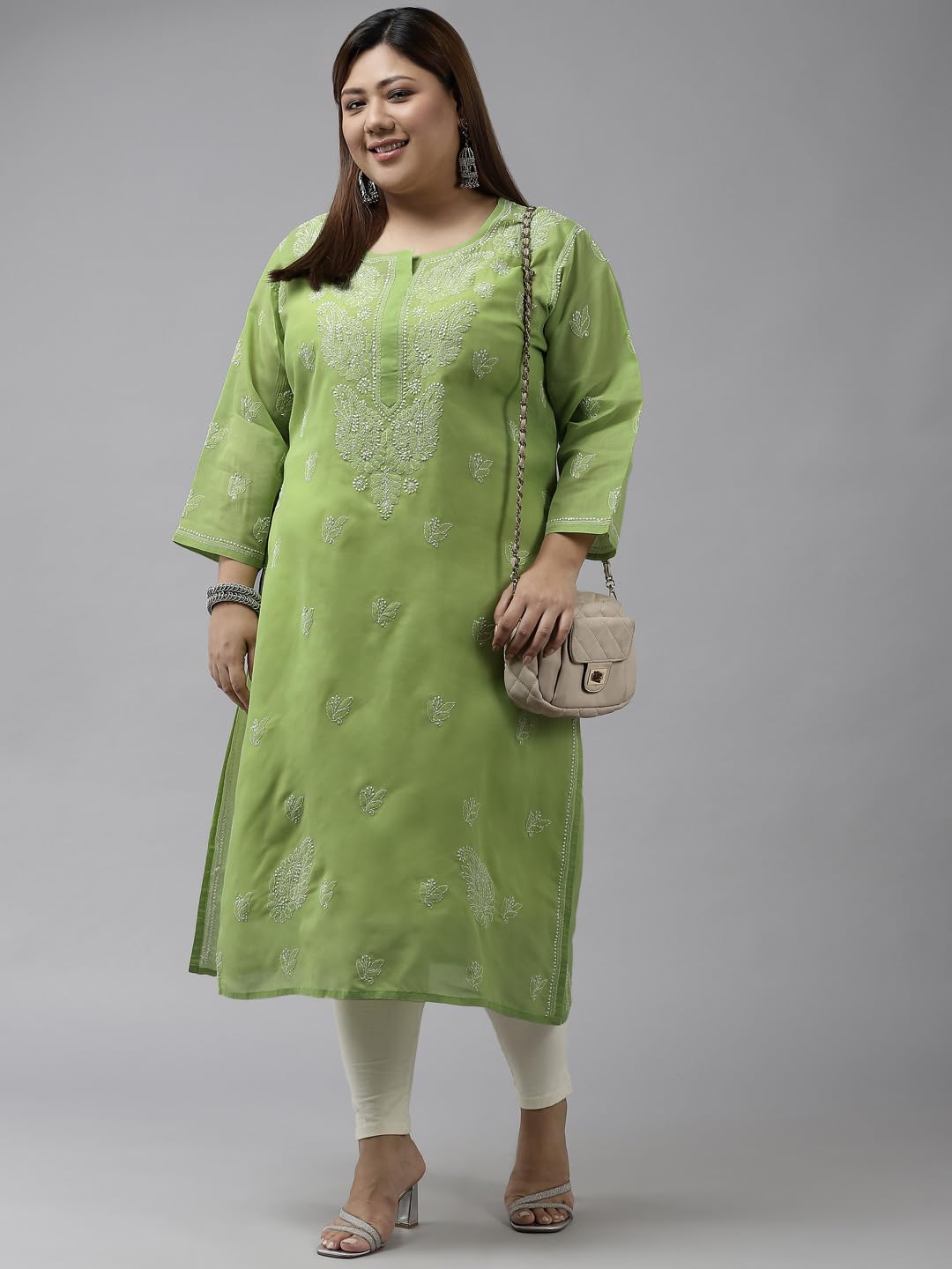 Ada Indian Hand Embroidered Chikankari Straight Cotton Kurta Kurti Tunic for Women A231437 (Green, Medium)