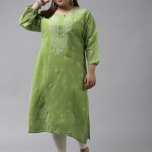 Ada Indian Hand Embroidered Chikankari Straight Cotton Kurta Kurti Tunic for Women A231437 (Green, Medium)