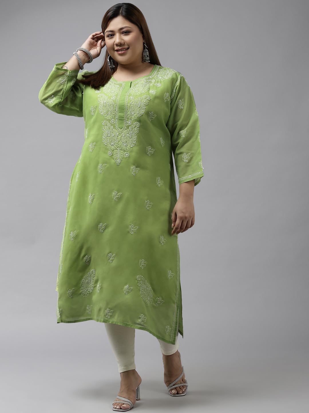 Ada Indian Hand Embroidered Chikankari Straight Cotton Kurta Kurti Tunic for Women A231437 (Green, Medium)