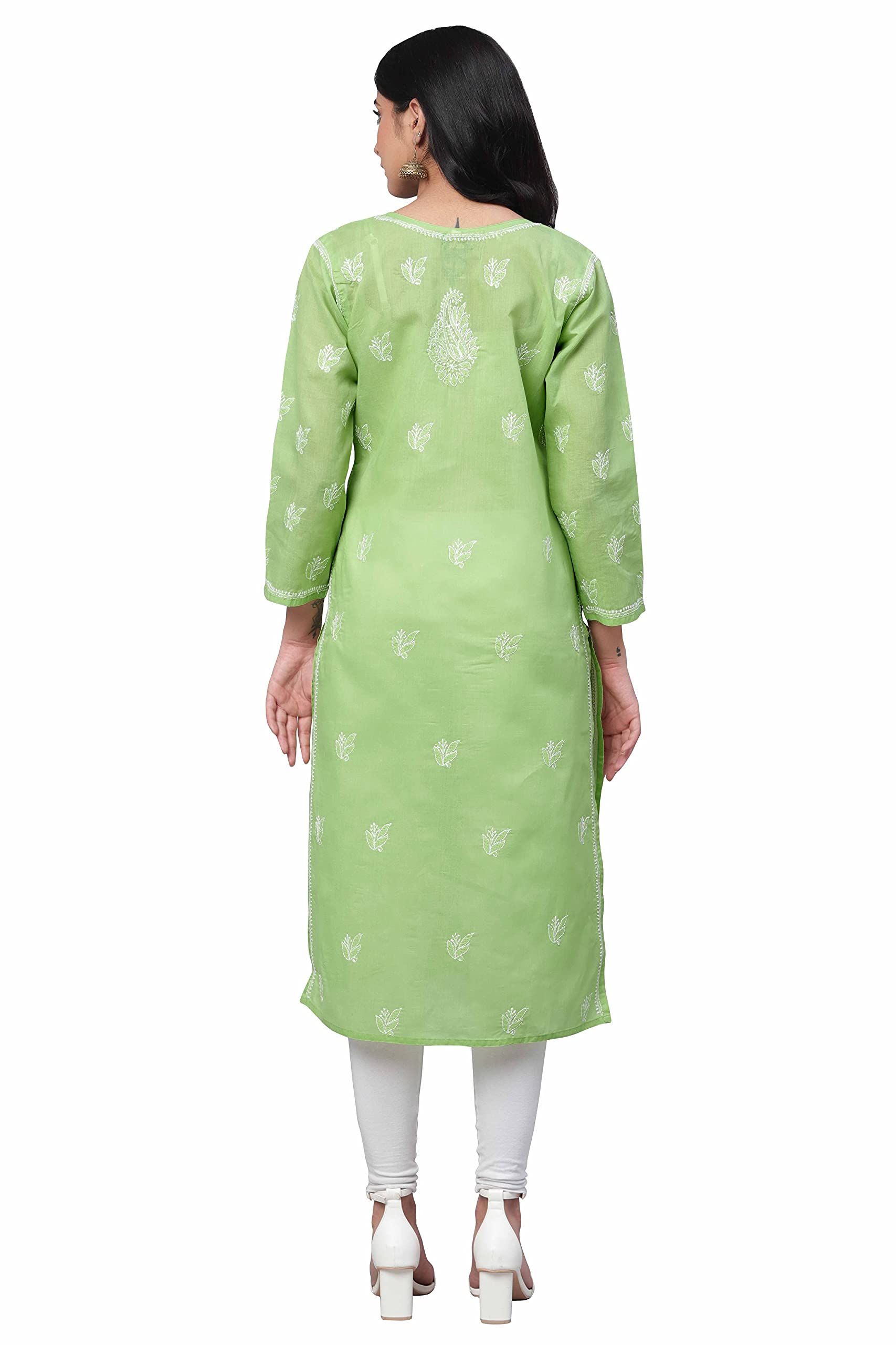 Ada Indian Hand Embroidered Chikankari Straight Cotton Kurta Kurti Tunic for Women A231437 (Green, Medium)