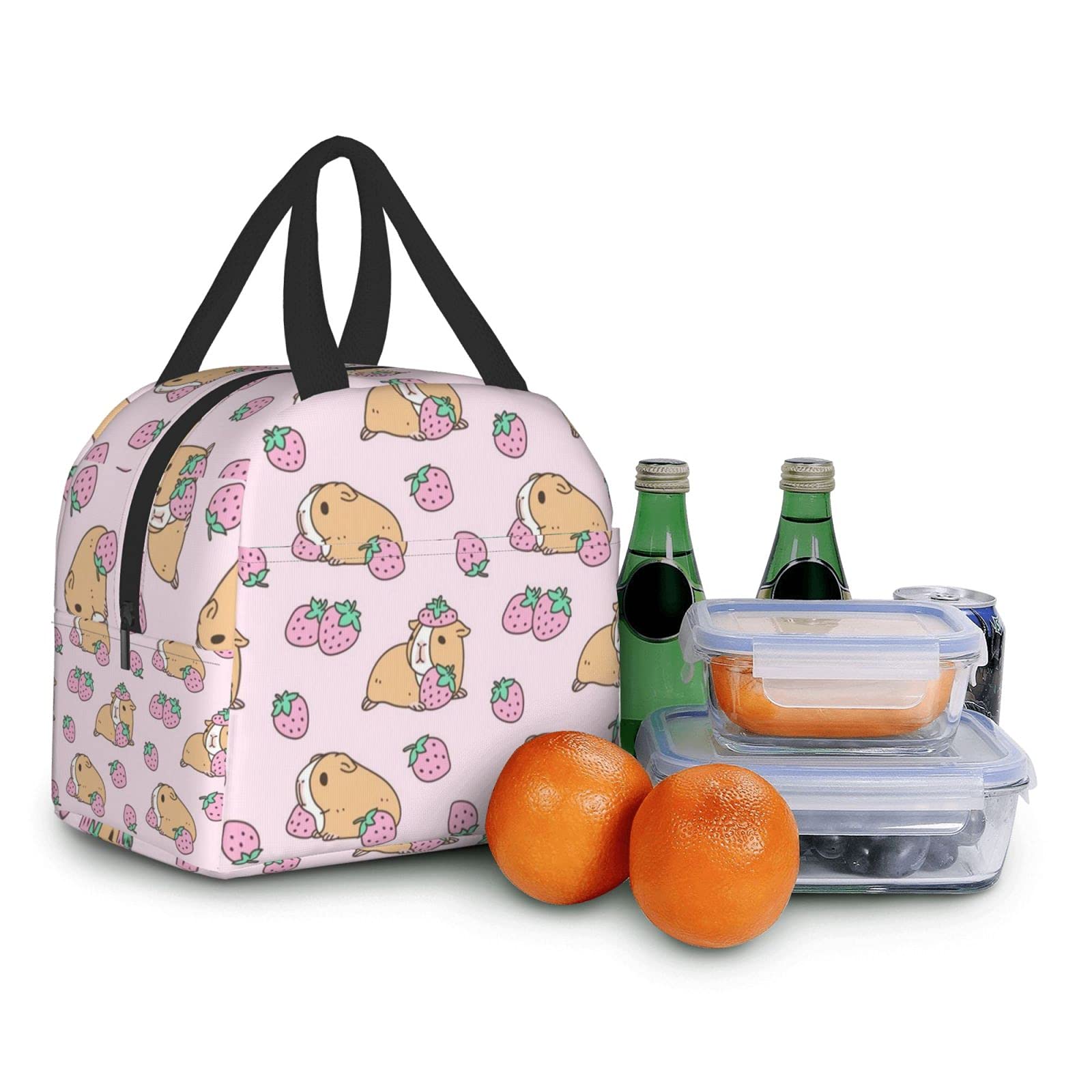 carati Insulated Lunch Bag Women, Reusable Cute Tote Lunch Box for Men, Leakproof Cooler Lunch Bags for Work Office Travel Picnic, Pink Guinea Pig And Strawberry