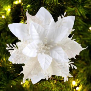 furrain christmas poinsettia artificial flowers decorations 5.5" christmas tree wreaths garland decoration 12 pcs glitter flowers picks decor for xmas new year wedding party ornaments (white)