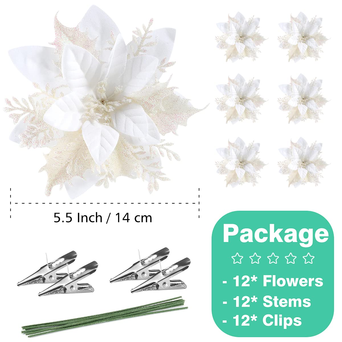 FurRain Christmas Poinsettia Artificial Flowers Decorations 5.5" Christmas Tree Wreaths Garland Decoration 12 Pcs Glitter Flowers Picks Decor for Xmas New Year Wedding Party Ornaments (White)