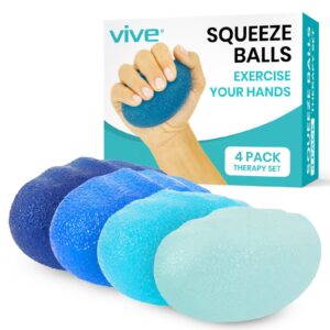 vive squeeze balls for hand therapy set (4 pack) - grip strengthener occupational exercise equipment for arthitis, parkinsons, stroke, carpal tunnel recovery - stress relief massage putty finger toy