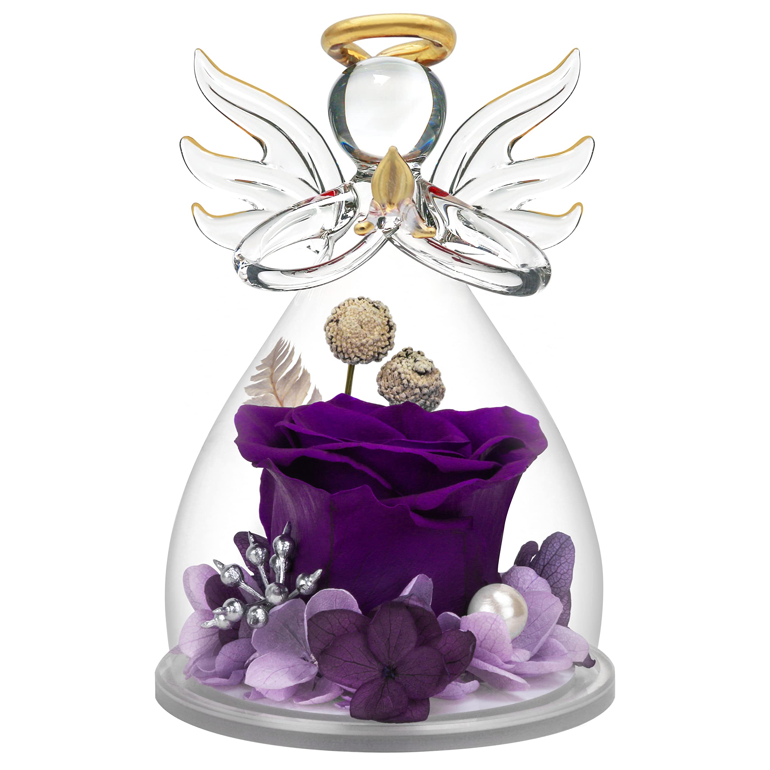 encavy Preserved Flower Rose Gifts in Glass Angel Figurines,Birthday Gifts for Women,Angel Rose Gifts for Her,Christmas Rose Gifts for Mom Mothers Grandma,Real Flowers Purple Gift,Thanksgiving Gifts