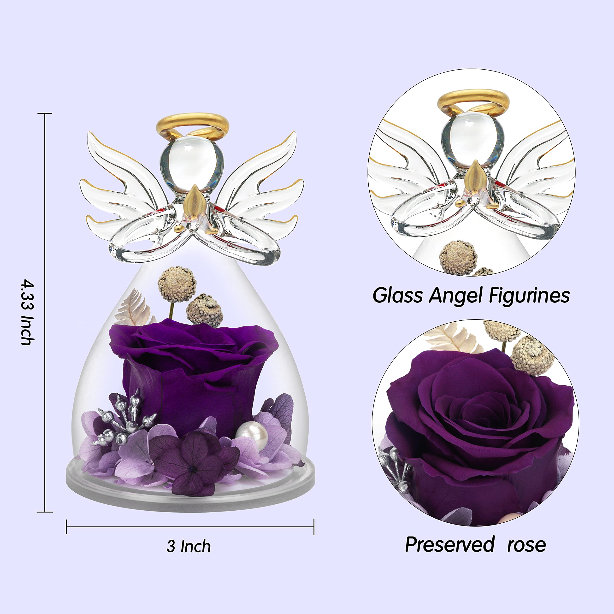 encavy Preserved Flower Rose Gifts in Glass Angel Figurines,Birthday Gifts for Women,Angel Rose Gifts for Her,Christmas Rose Gifts for Mom Mothers Grandma,Real Flowers Purple Gift,Thanksgiving Gifts