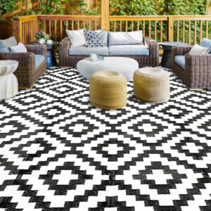 Outdoor Rug,Reversible Mats, Plastic Straw Rug, Modern Indoor Outdoor Area Rug, Large Floor Mat and Rug for Outdoors, RV, Patio, Backyard, Deck, Picnic, Beach, Trailer, Camping, Black & White, 5' x 8'