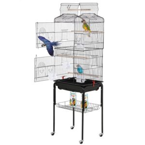 bestpet 64 inch wrought iron bird cage for parakeets medium small parrots parakeet cage with detachable rolling stand & play open top for cockatiels lovebird finches canaries (black)