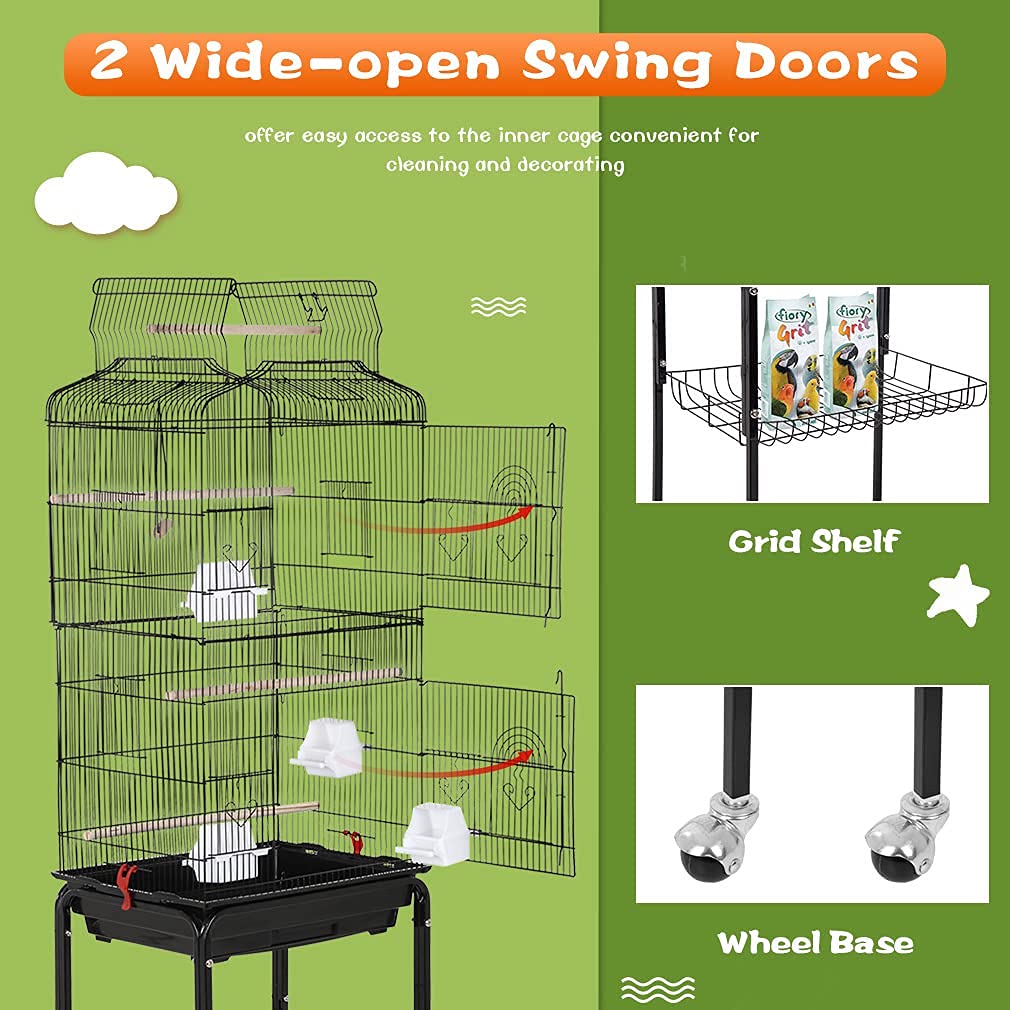 BestPet 64 inch Wrought Iron Bird Cage for Parakeets Medium Small Parrots Parakeet Cage with Detachable Rolling Stand & Play Open Top for Cockatiels Lovebird Finches Canaries (Black)