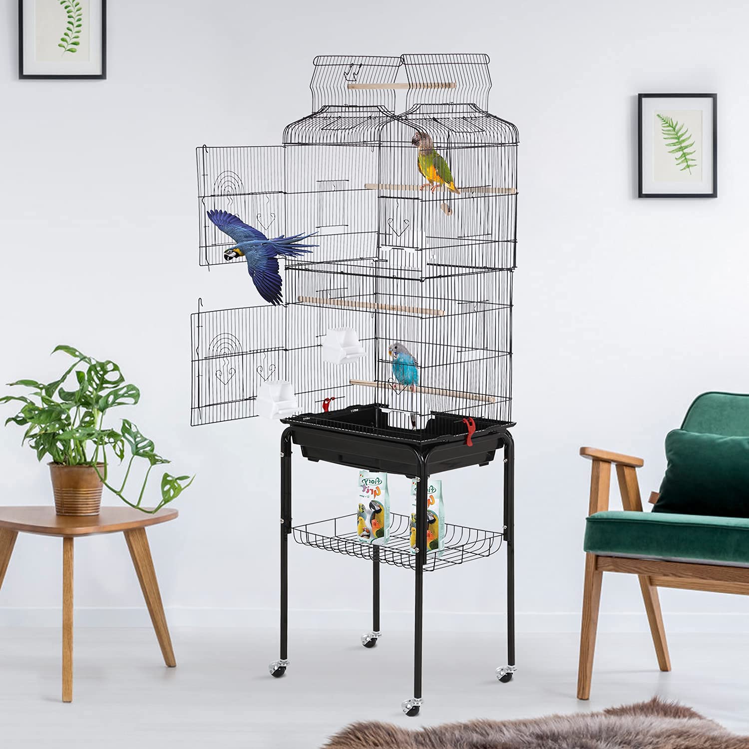 BestPet 64 inch Wrought Iron Bird Cage for Parakeets Medium Small Parrots Parakeet Cage with Detachable Rolling Stand & Play Open Top for Cockatiels Lovebird Finches Canaries (Black)