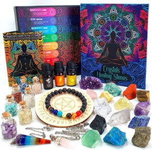 crystals and healing stones set 31pcs - healing crystals & stones - 14 real raw chakra rocks, 7 gemstones bottles, 3 essential oils,pendant necklace, pendulum board, amethyst cluster, bracelet & guide