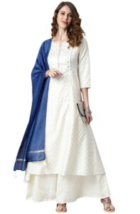 janasya indian women's off- white yoke printed poly silk kurta with palazzo and dupatta