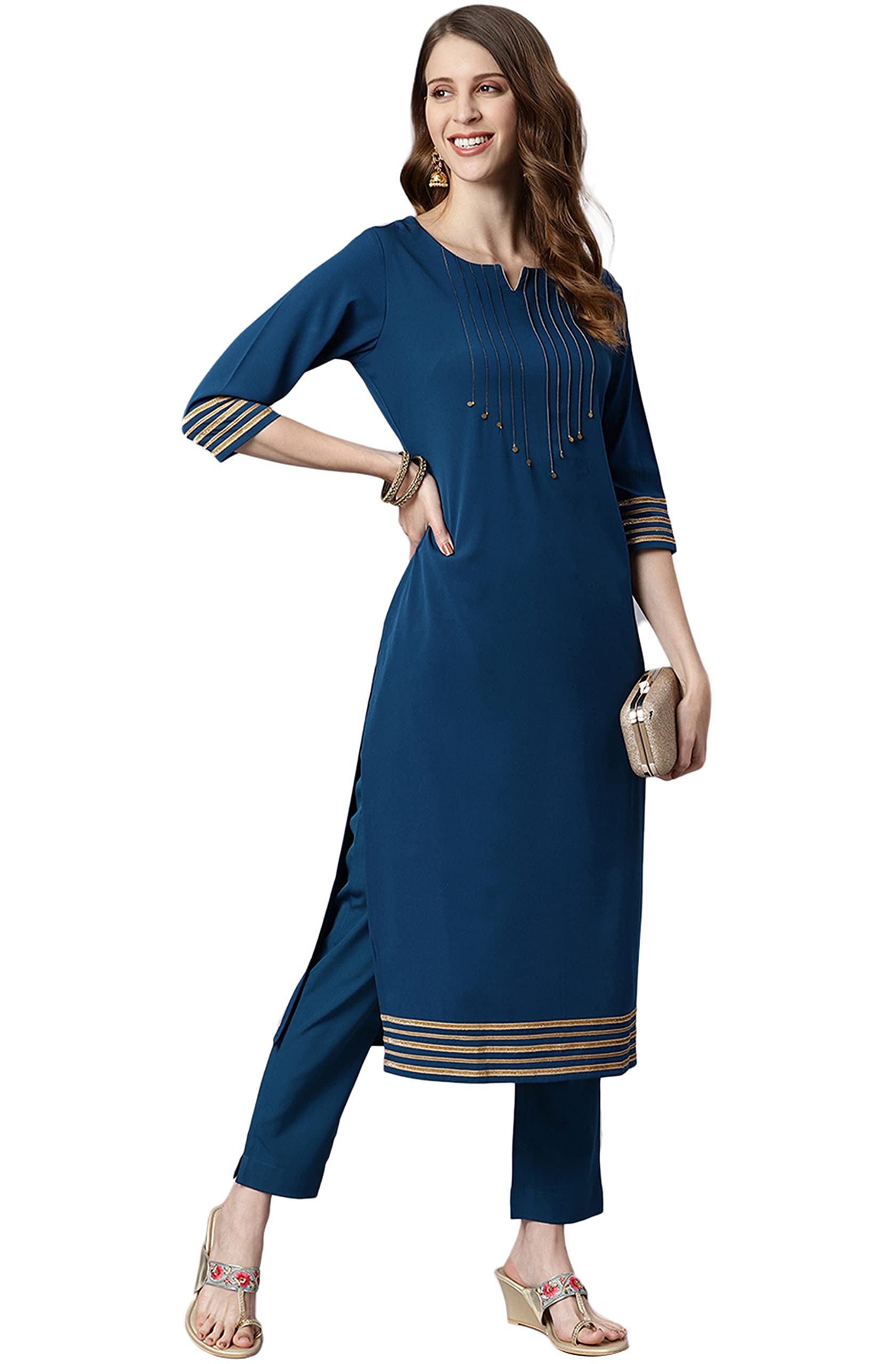 Janasya Kurta Set for Women Teal