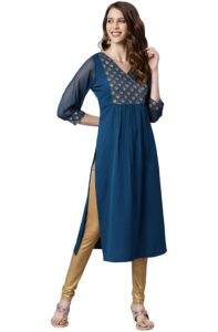 janasya indian women's teal poly crepe kurta for women