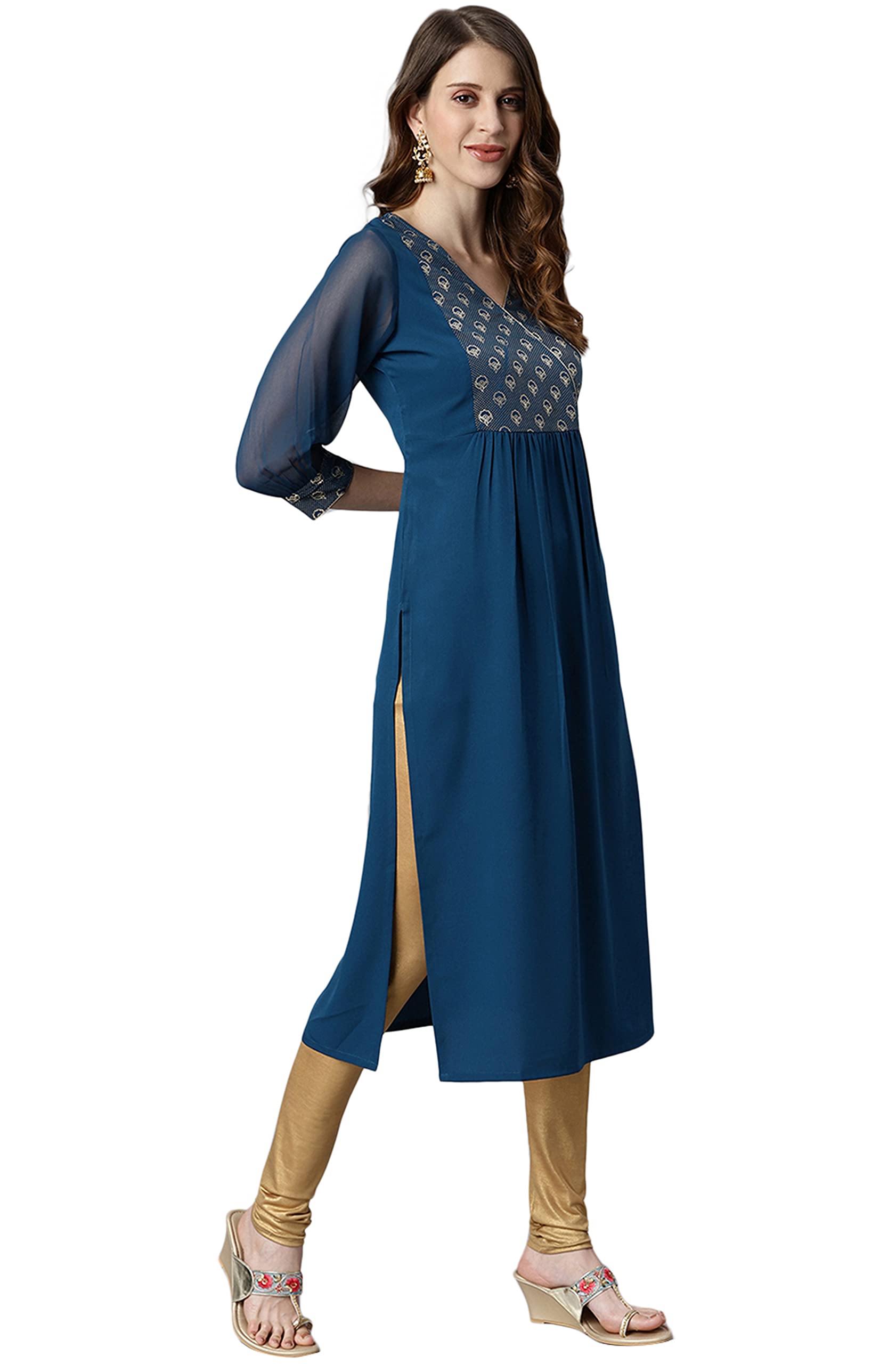 Janasya Indian Women's Teal Poly Crepe Kurta for Women