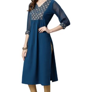 Janasya Indian Women's Teal Poly Crepe Kurta for Women