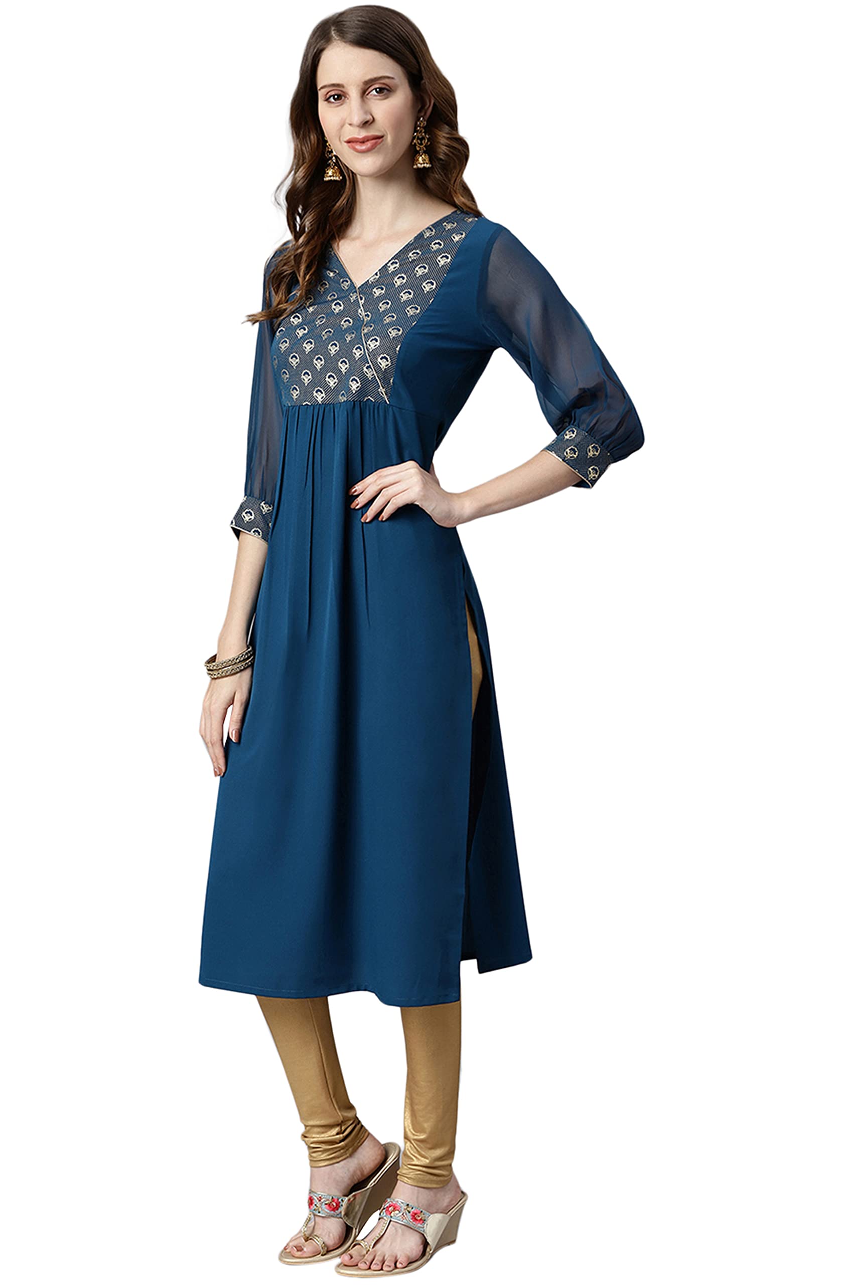 Janasya Indian Women's Teal Poly Crepe Kurta for Women