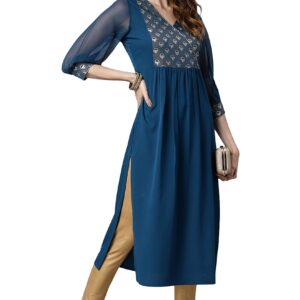 Janasya Indian Women's Teal Poly Crepe Kurta for Women