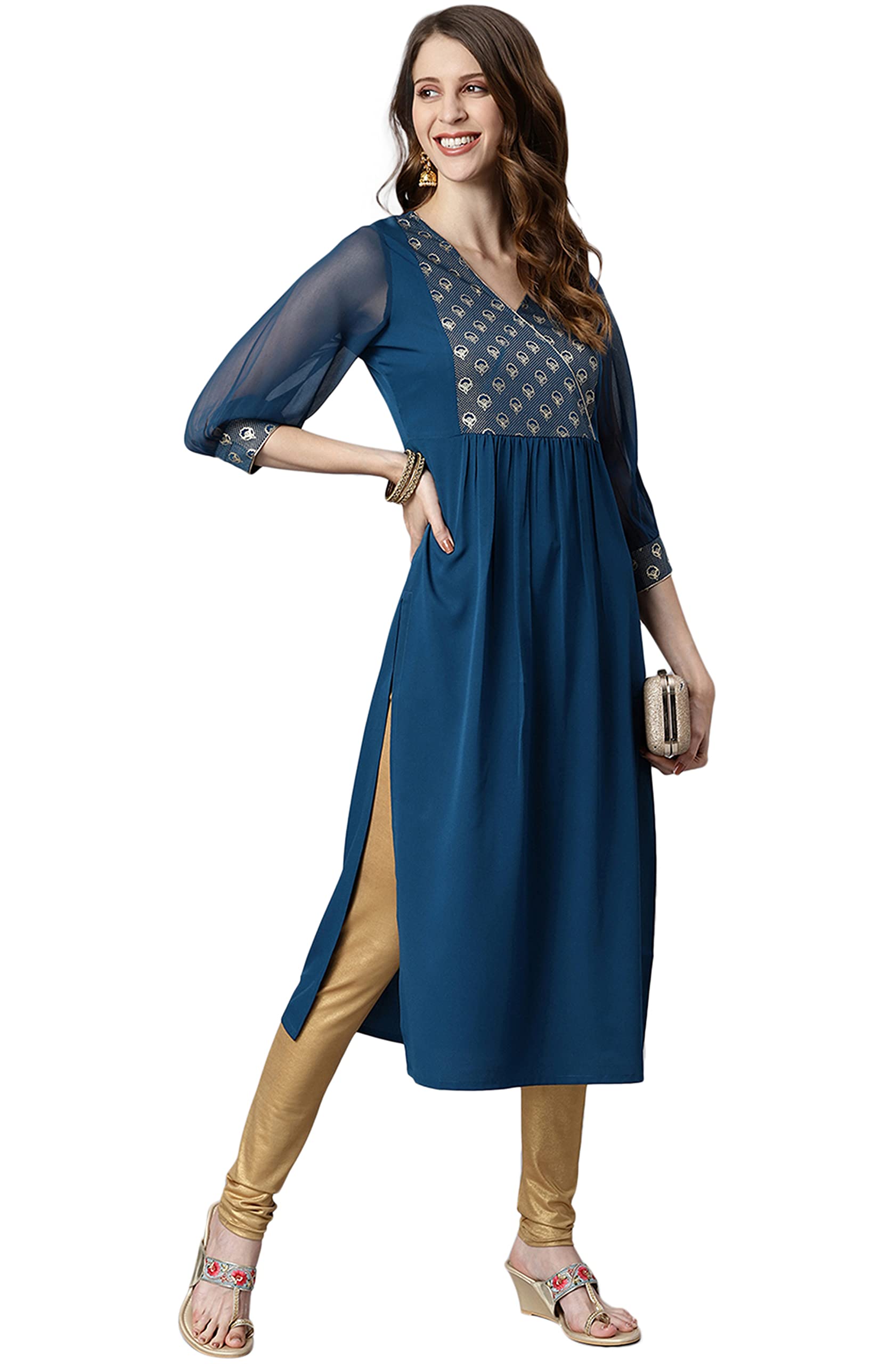 Janasya Indian Women's Teal Poly Crepe Kurta for Women