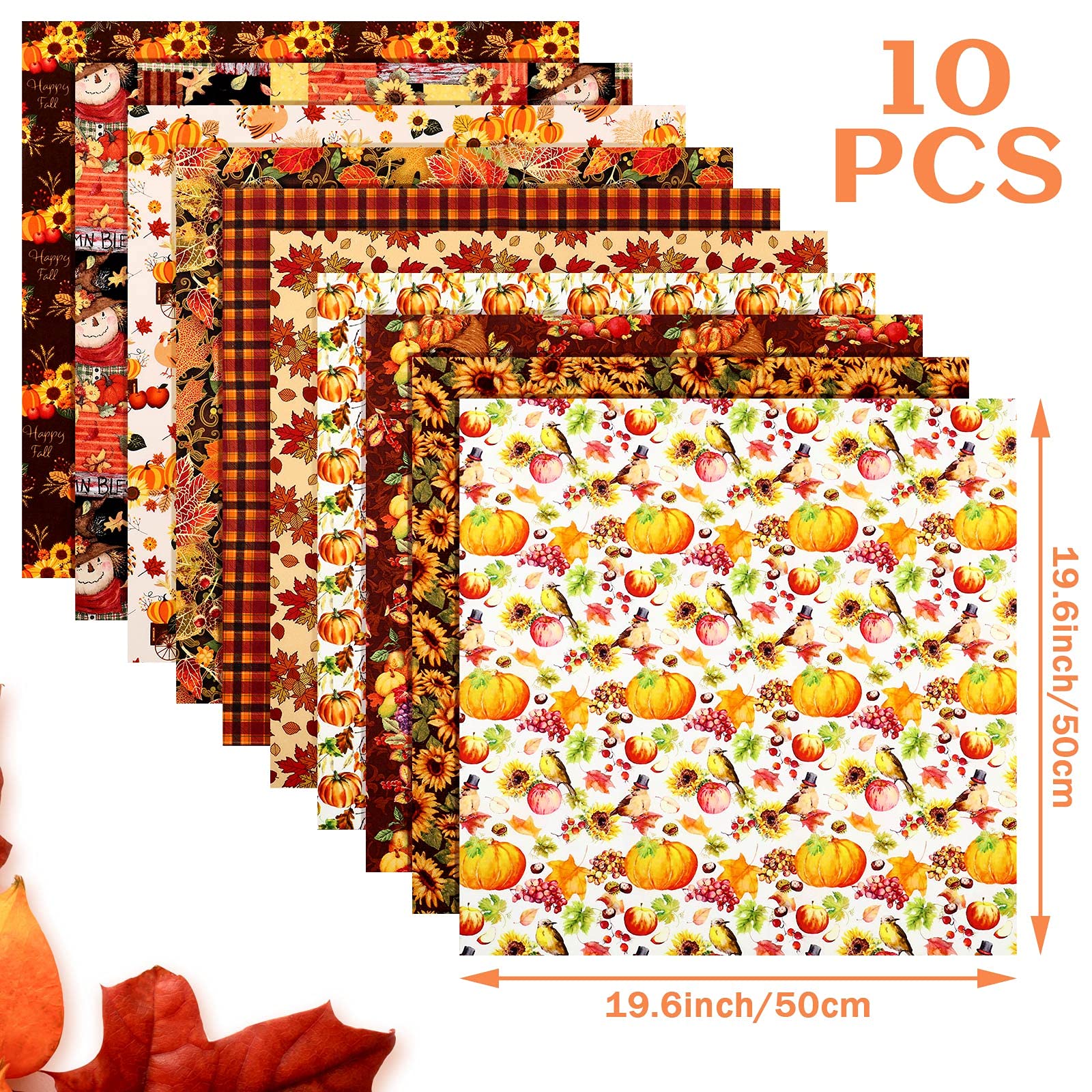 10 Pieces Fall Cotton Fabrics 19.7 x 19.7 Inch Thanksgiving Fat Quarter Bundles Pumpkin Fabric Squares Autumn Turkey Maple Plaid Patchwork Thanksgiving Patterns for DIY Crafts Quilting Sewing Supplies