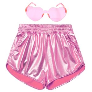 pink girls metallic gymnastics shorts rave spandex dance shorts shiny hot pants 6 7