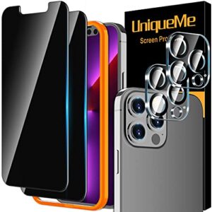 uniqueme compatible with iphone 13 pro max privacy screen protector, tempered glass and camera lens protector, anti spy [easy installation frame] bubble free case friendly 2+2 pack