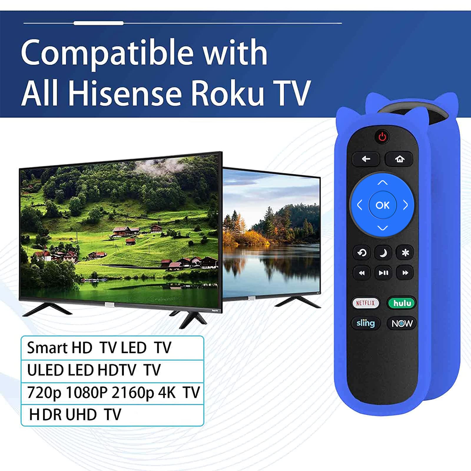 Yimaut Remote Control Compatible with All Hisense Roku TV, Universal Remote for Hisense 32" 40" 43" 50" 55" 58" 65" 70" 75" 85" Roku Built-in TV with TV Remote Cover and Wrist Strap (Glow Blue)