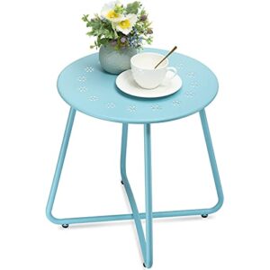 danpinera outdoor side tables with flower cut outs, weather resistant steel patio side table, small round outdoor end table metal side table for patio yard balcony garden blue