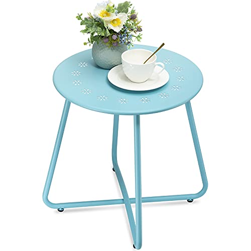 danpinera Outdoor Side Tables with Flower Cut Outs, Weather Resistant Steel Patio Side Table, Small Round Outdoor End Table Metal Side Table for Patio Yard Balcony Garden Blue