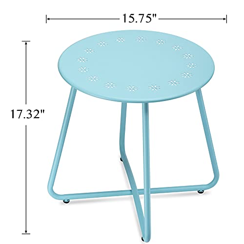 danpinera Outdoor Side Tables with Flower Cut Outs, Weather Resistant Steel Patio Side Table, Small Round Outdoor End Table Metal Side Table for Patio Yard Balcony Garden Blue