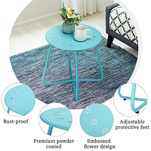 danpinera Outdoor Side Tables with Flower Cut Outs, Weather Resistant Steel Patio Side Table, Small Round Outdoor End Table Metal Side Table for Patio Yard Balcony Garden Blue