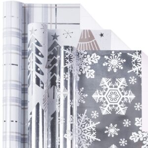 lezakaa christmas wrapping paper mini roll, silver metallic foil paper - tree/snowflake/plaid design for gift wrap, arts crafts - 17 x 120 inches - 3 rolls (42.5 sq.ft.ttl.)