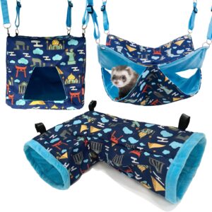 ferret hammock set for cage cage accessories 3 style,double hammock or square house and tunnel bed for guinea pig(blue)