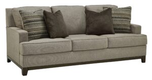 signature design by ashley kaywood modern sofa with 4 throw pillows, brownish gray