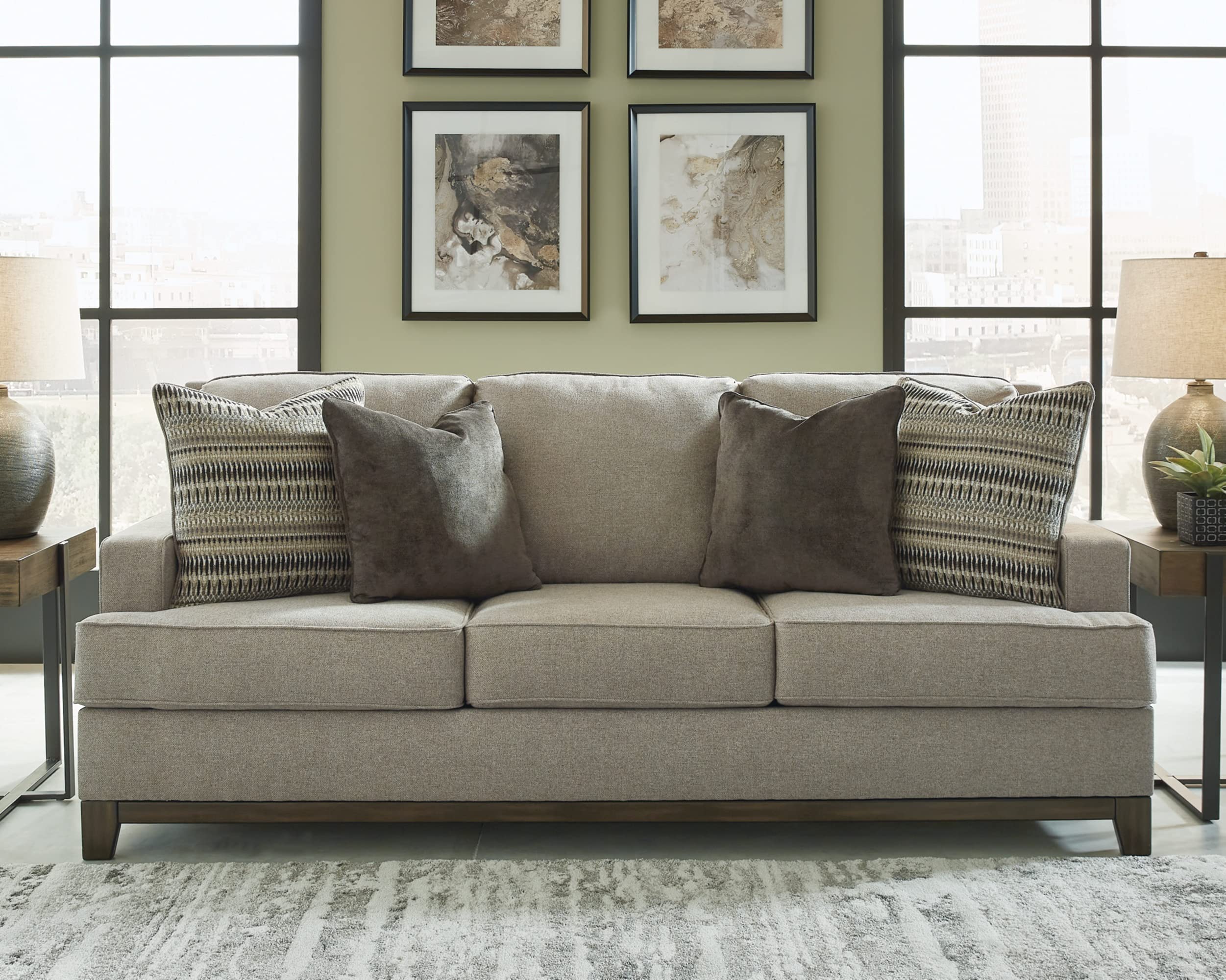 Signature Design by Ashley Kaywood Modern Sofa with 4 Throw Pillows, Brownish Gray