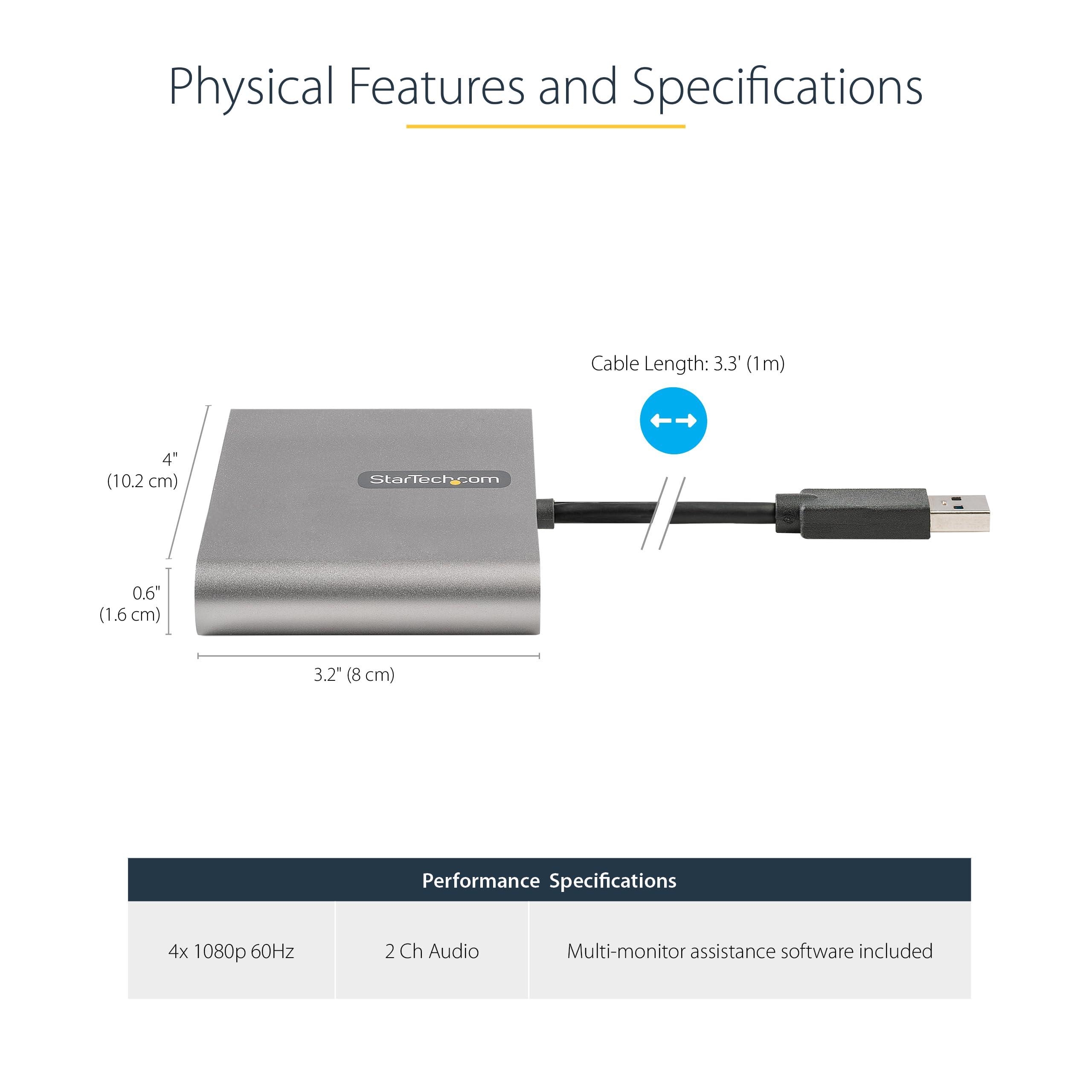 StarTech.com USB 3.0 to 4x HDMI Adapter - External Video & Graphics Card - USB Type-A to Quad HDMI Display Adapter Dongle - 1080p 60Hz - Multi Monitor USB A to HDMI Converter - Windows Only (USB32HD4)