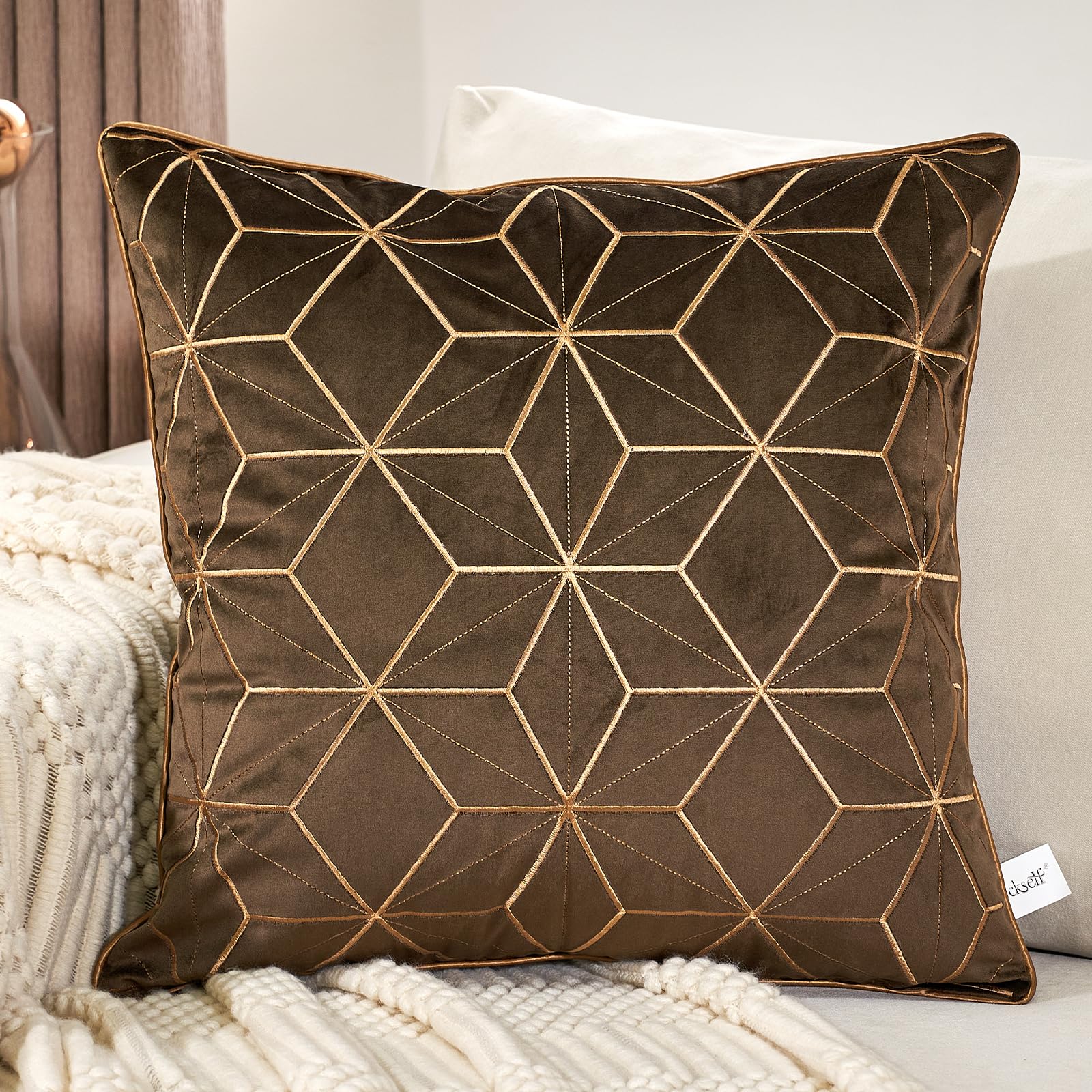 Aeckself Dark Brown Gold Plaid Geometric Throw Pillow Covers 18x18 Inch, Luxury Embroidery Velvet Cushion Case Square Modern Decorative Pillow Covers for Couch Living Room Bedroom